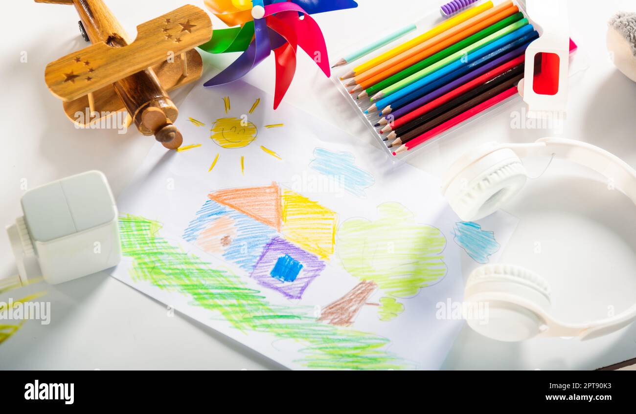 Child colorful drawing landscape my home dream on white paper, kid ...