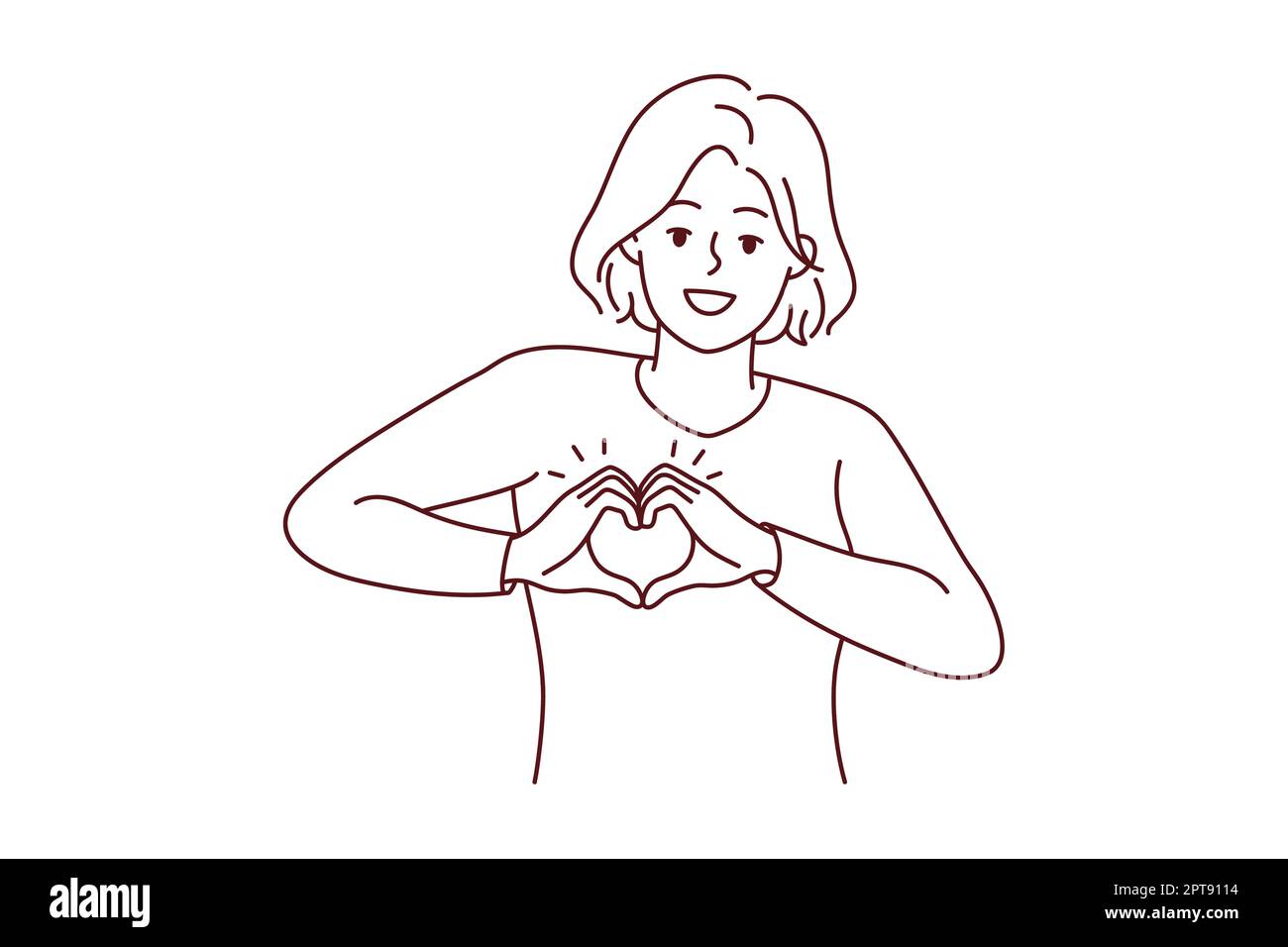 Smiling young woman show heart hand gesture at heart share care and ...