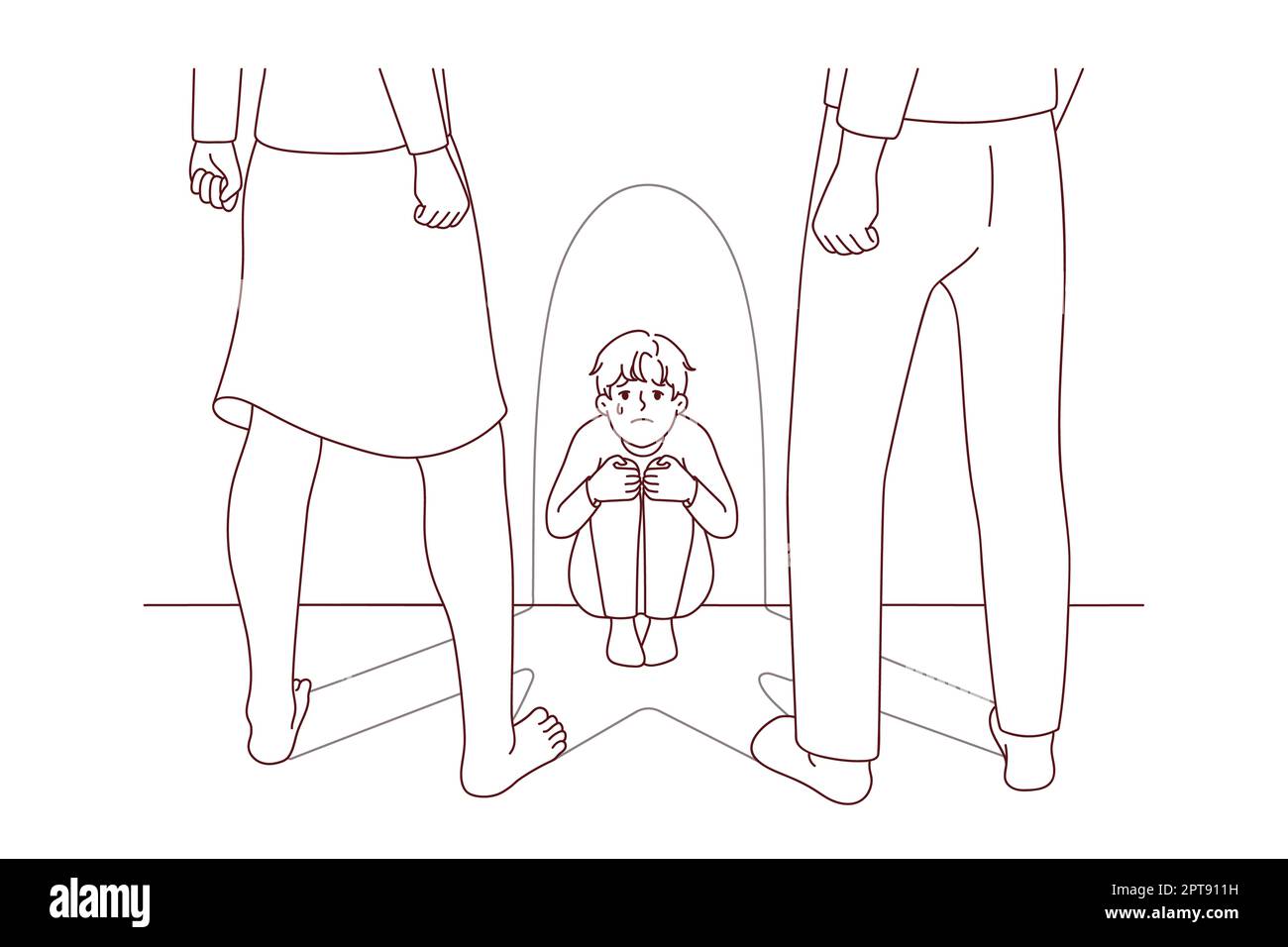 Terrified little boy child scared of aggressive violent parents. Upset ...