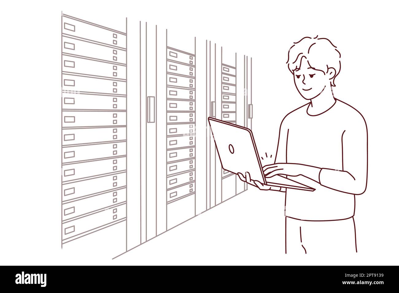 Male engineer with laptop standing near server room with computers. Man ...