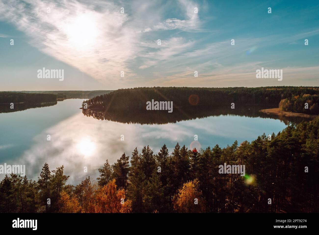 View from the observation tower in the evening of Lake Baltieji Lakajai ...