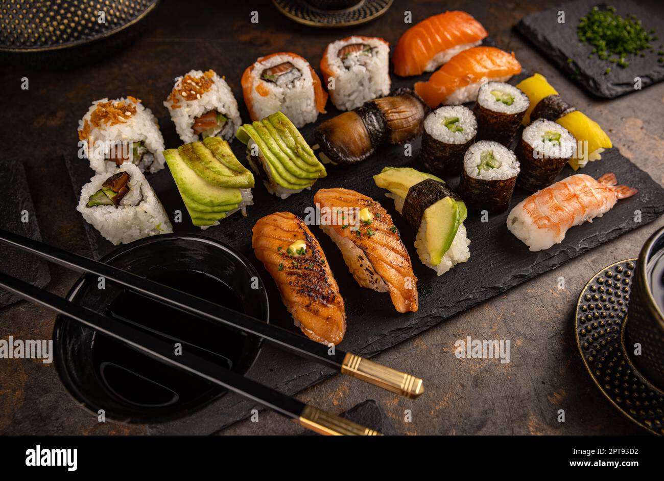 Japanese food concept. Sushi set menu, dark Stock Photo - Alamy