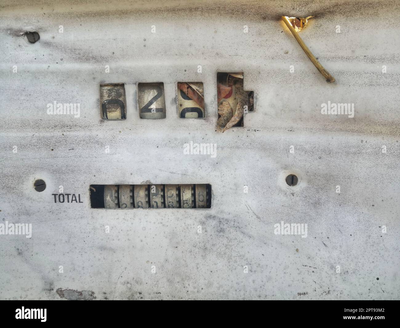 Close up shot of the rolling number counter on an old fuel pump Stock ...