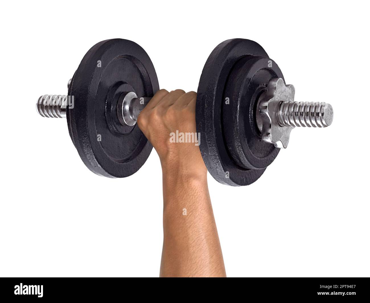 Hand holding dumbell on isolated white background Stock Photo - Alamy