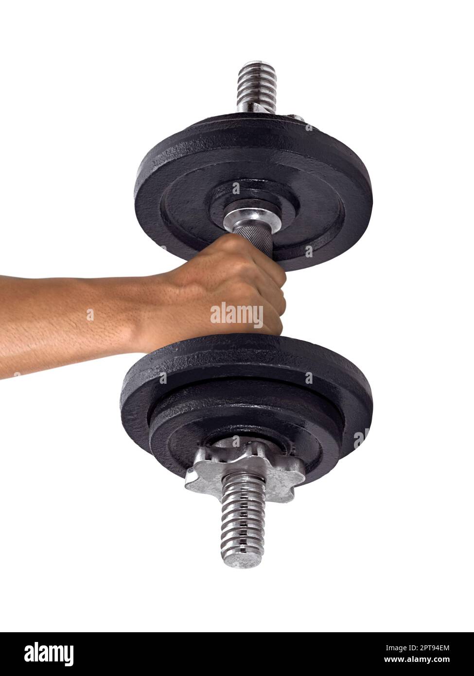 Hand holding dumbell on isolated white background Stock Photo - Alamy