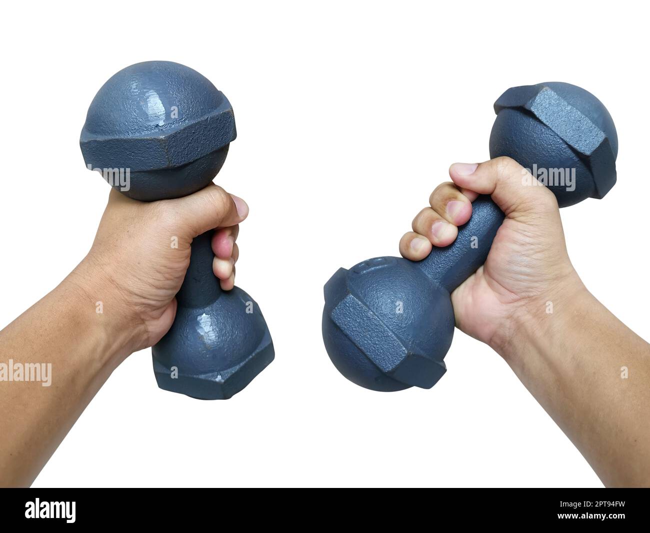 Hand holding dumbbell on isolated white background Stock Photo - Alamy