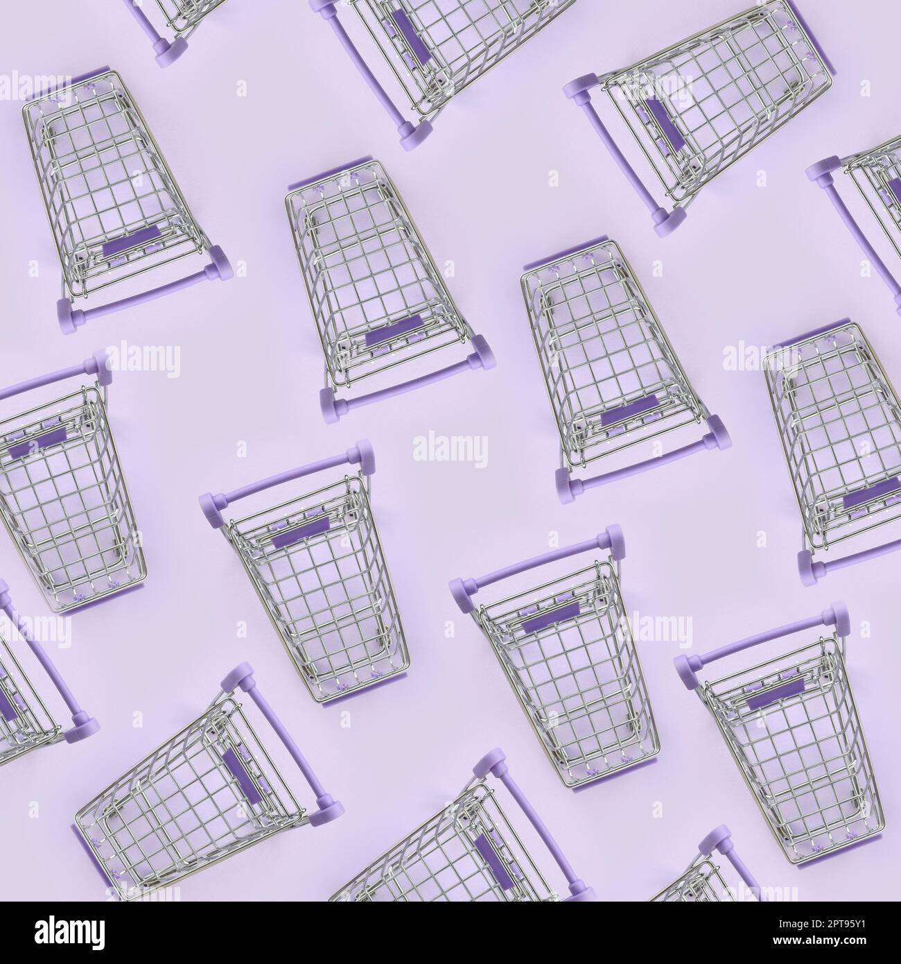 Pattern of many small shopping carts on a violet background. Minimalism ...