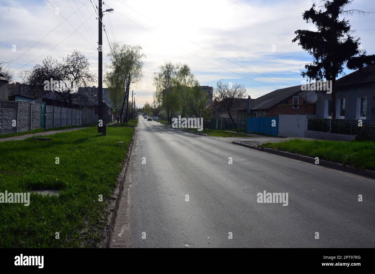 Asphalt road in the middle of a rural landscape in the early summer ...