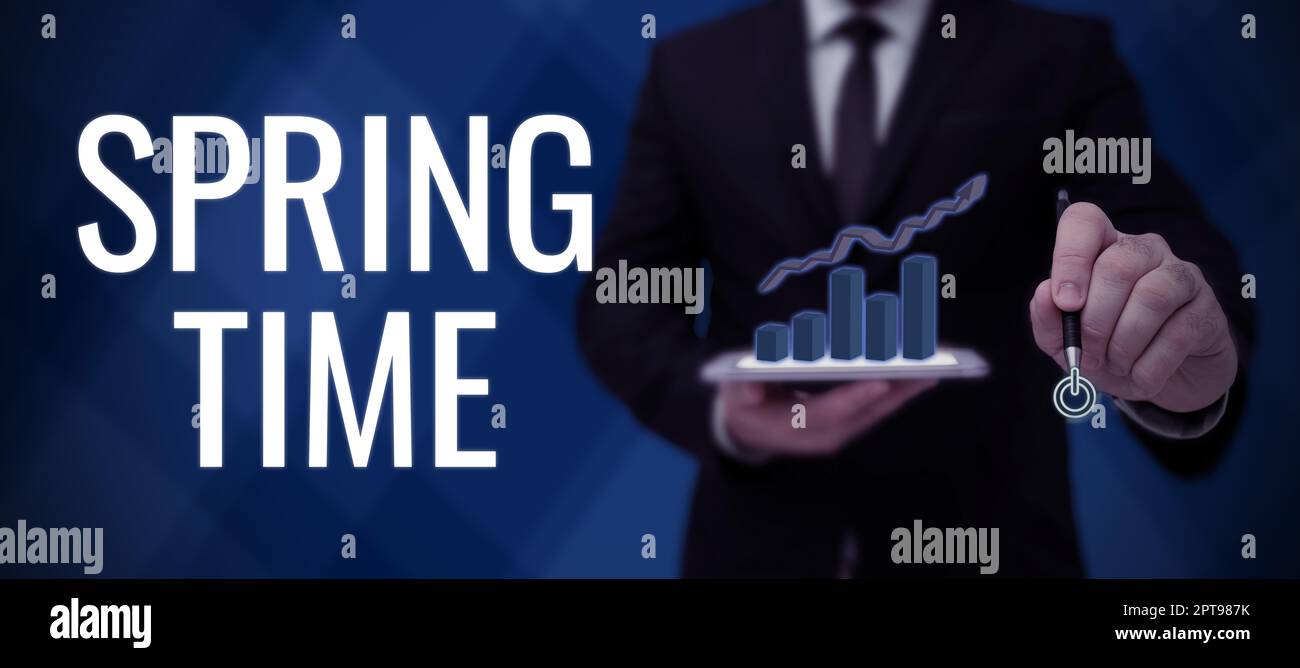 Text caption presenting Spring Time, Conceptual photo temperate season ...