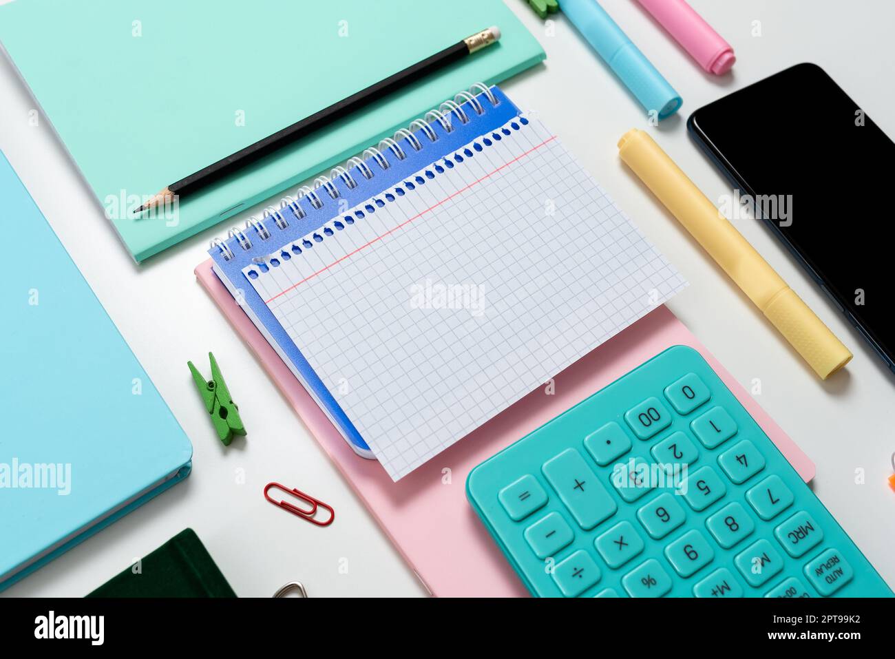 Multiple Assorted Collection Office Stationery Photo Placed Over Table Stock Photo - Alamy