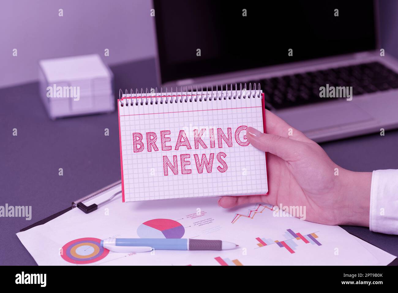 Text caption presenting Breaking News, Word Written on newly received ...