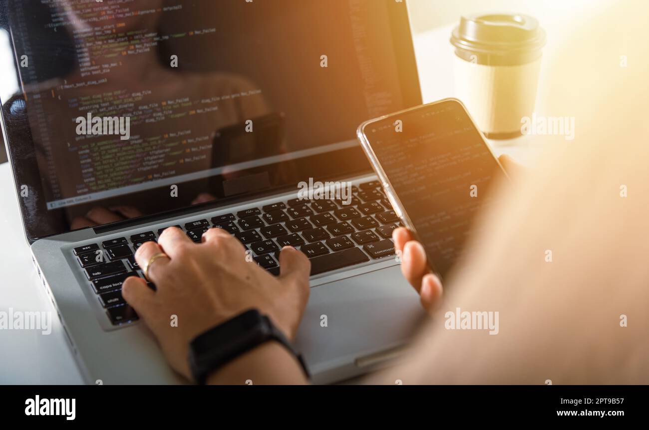 Software Developer Hands Typing Data Coding Programming Javascript With Laptop Computer And