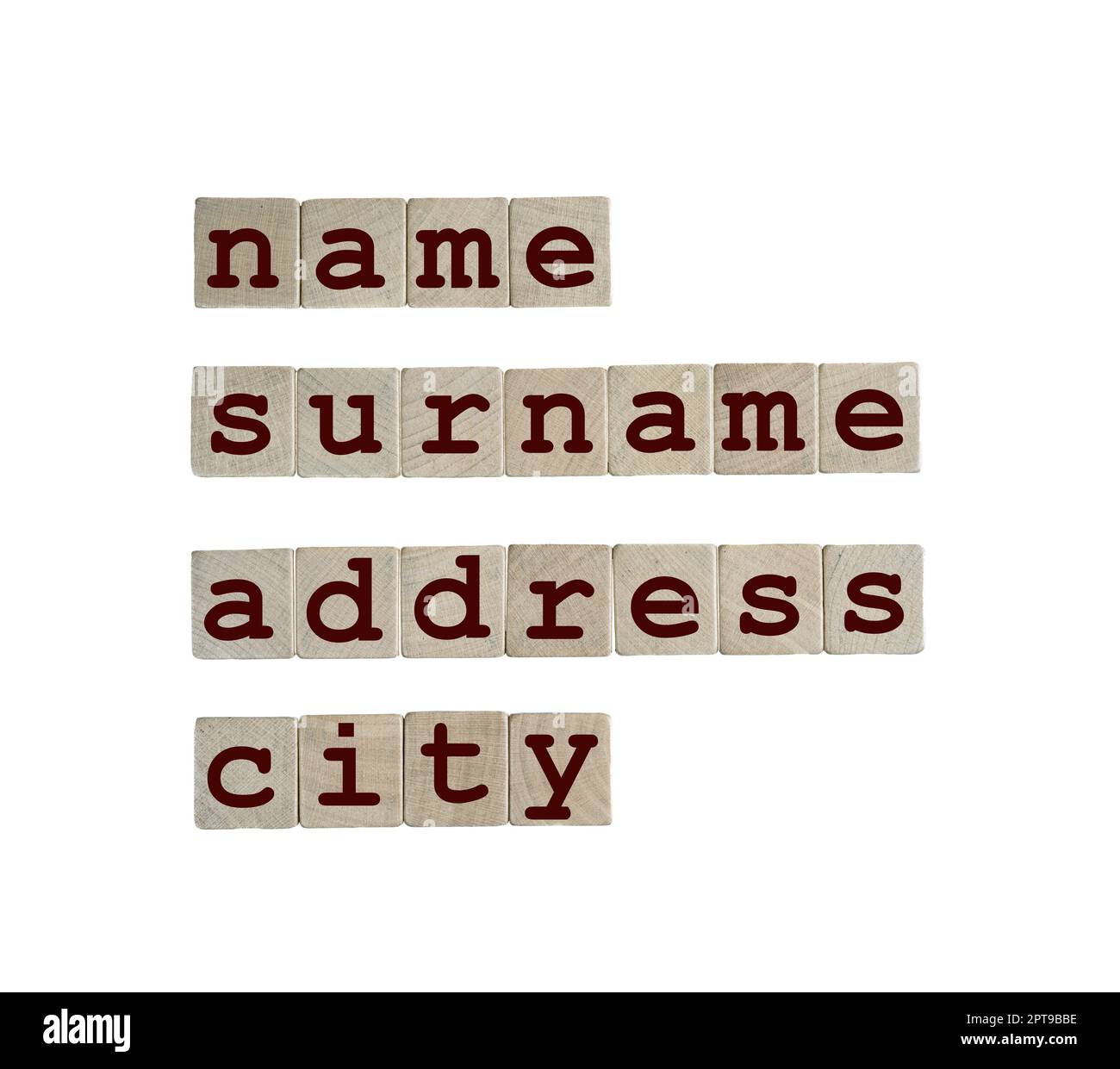 the words of the name, surname, address and city formed with wooden ...