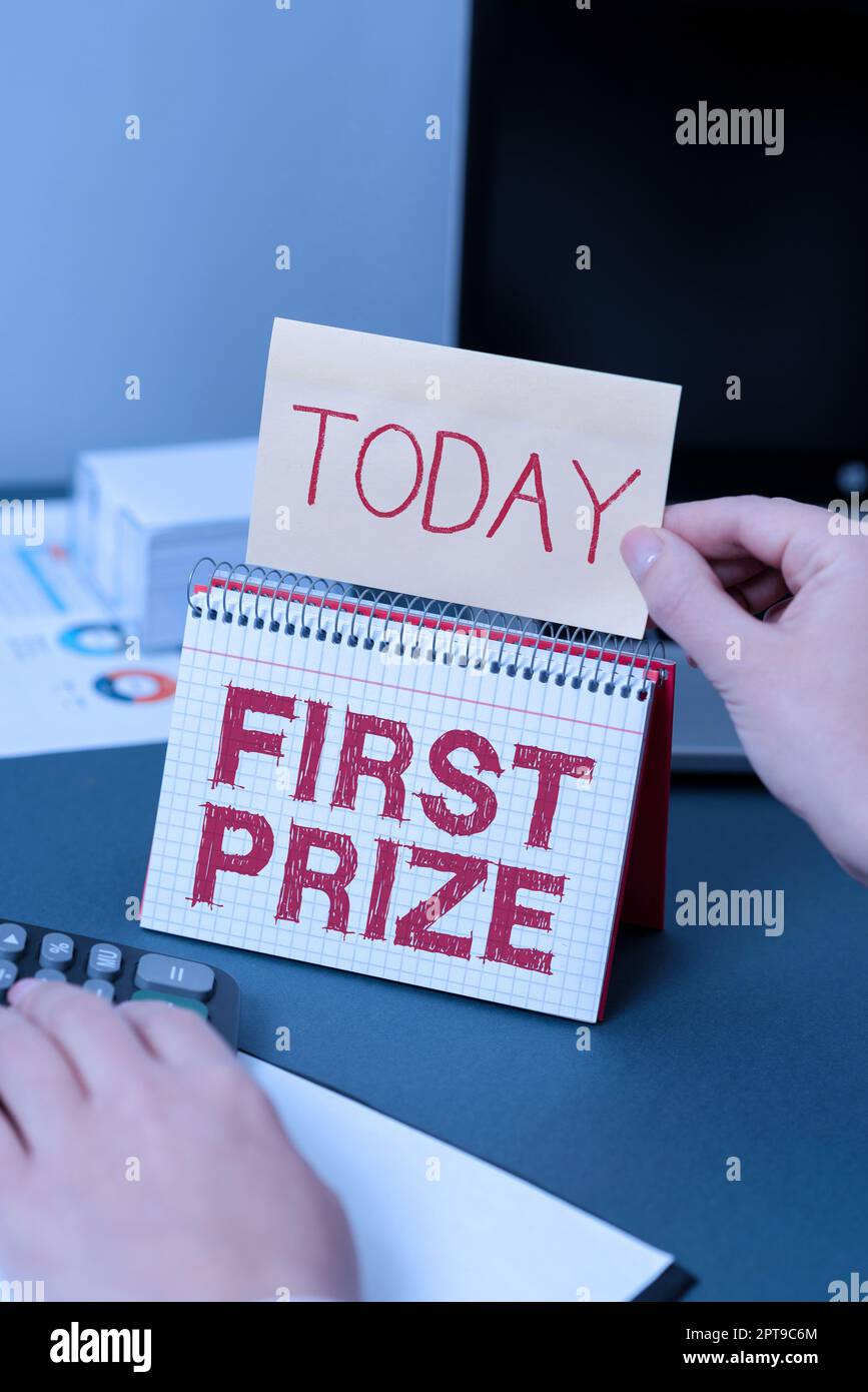 Hand writing sign First Prize, Business approach most coveted prize ...