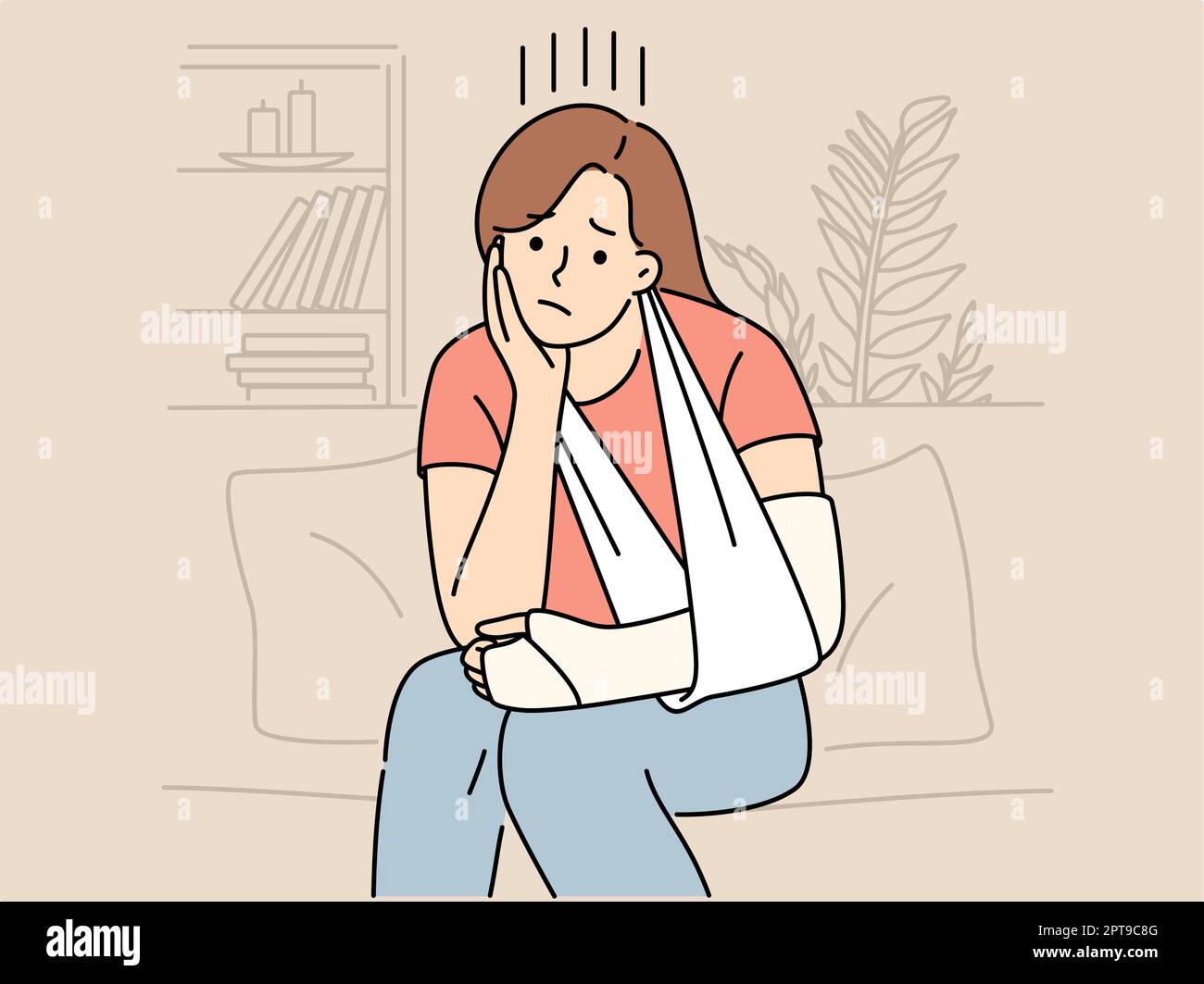 Unhappy young woman sit on sofa at home with broken arm in bandage ...