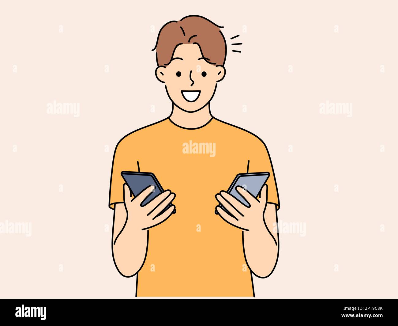 Smiling man hold cellphone sending information in between gadgets ...