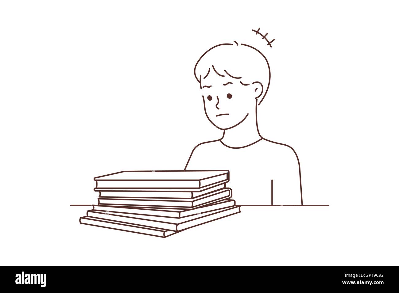 Unhappy boy child sit at desk look at books unmotivated for studying ...