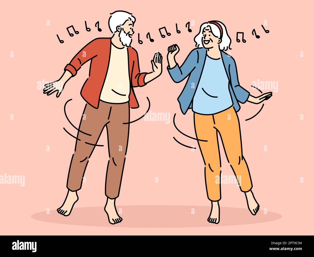 Overjoyed elderly couple have fun dancing together. Smiling mature man and woman enjoy happy ...