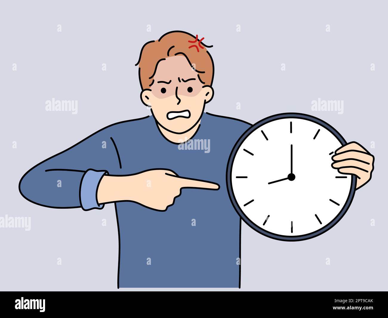 Furious man point at clock stressed with missed deadline. Mad male show ...