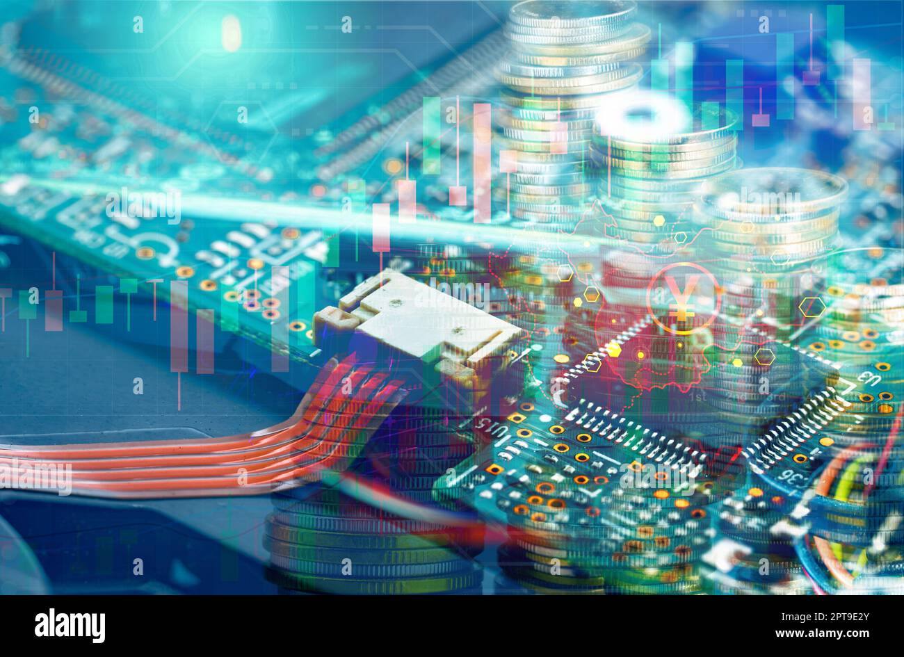 Electronic circuit board on background of Yuan currency sign, coin ...