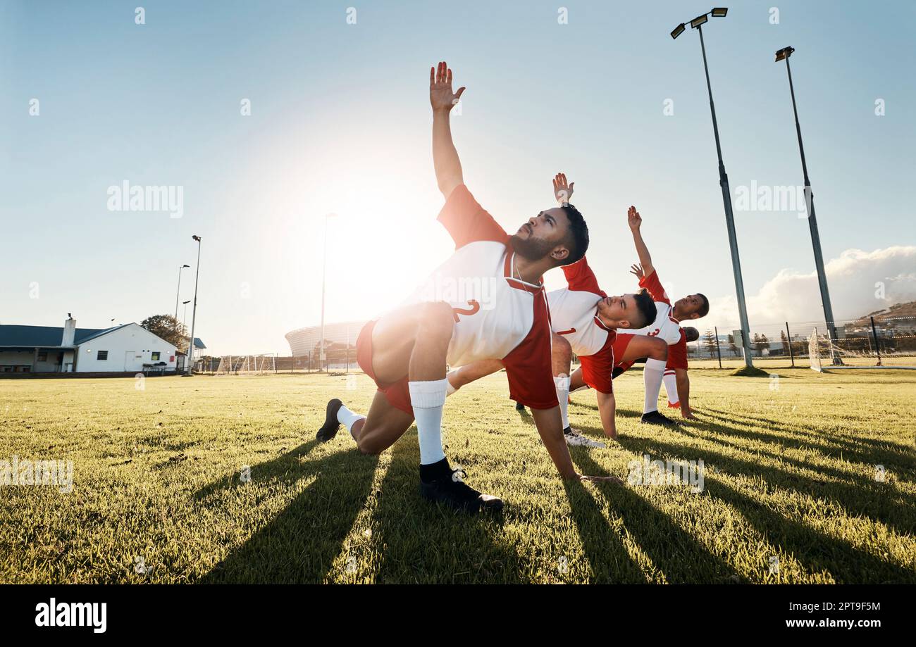 Soccer, football player and team stretching for sports match, training ...