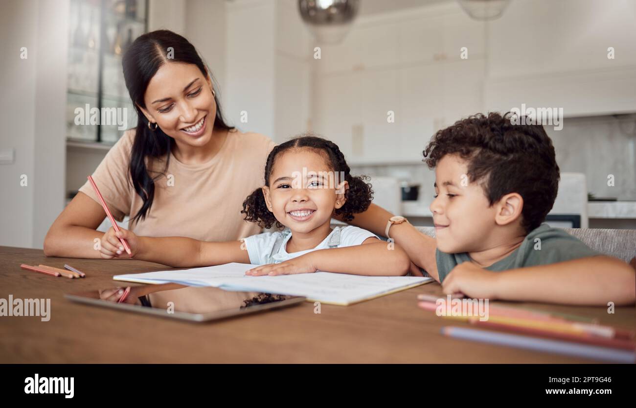 Family, children and education with a girl, boy and mother doing homework or learning at a ...
