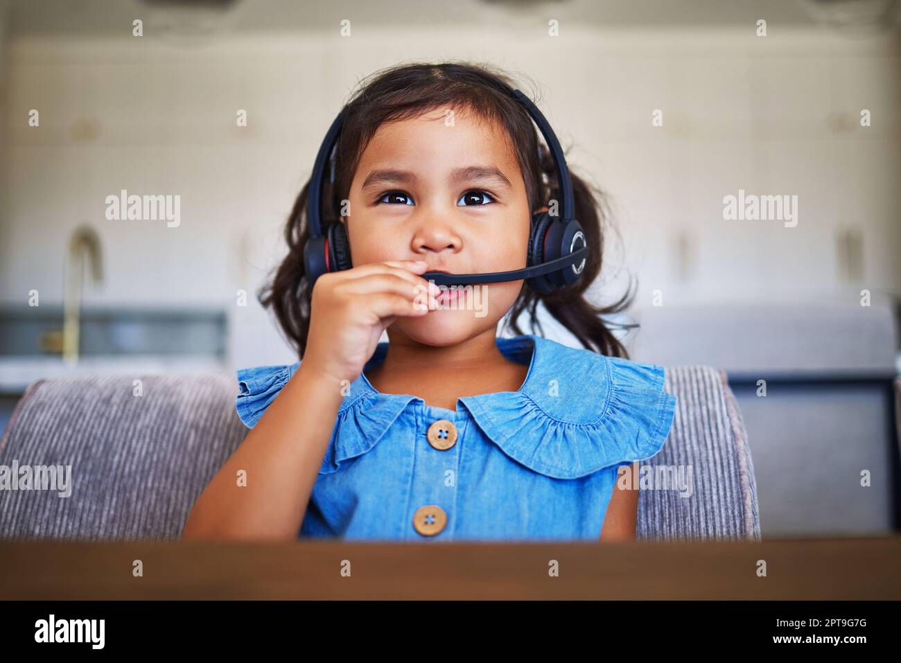 Children, education and headset with a student girl distance learning ...