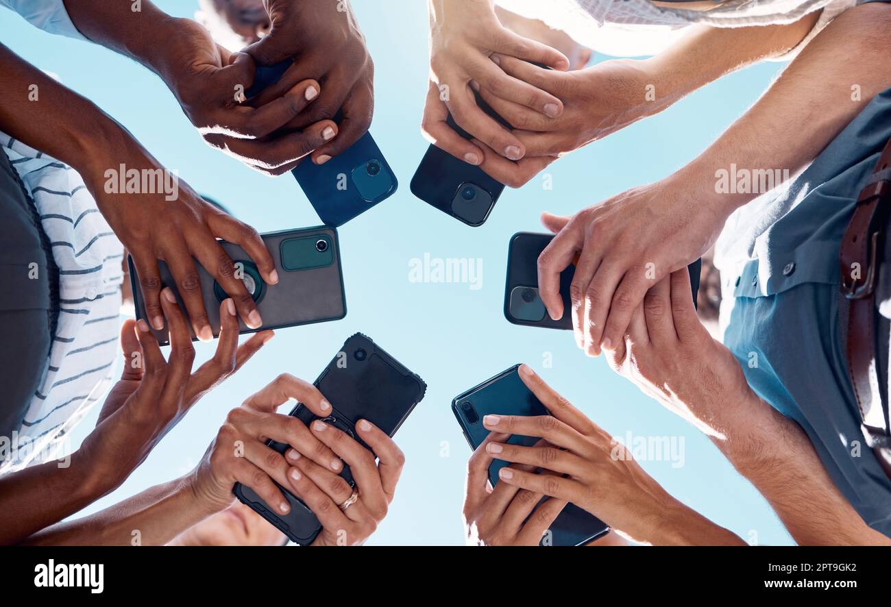 Circle people, phone hands and social media mobile apps, wifi and ...