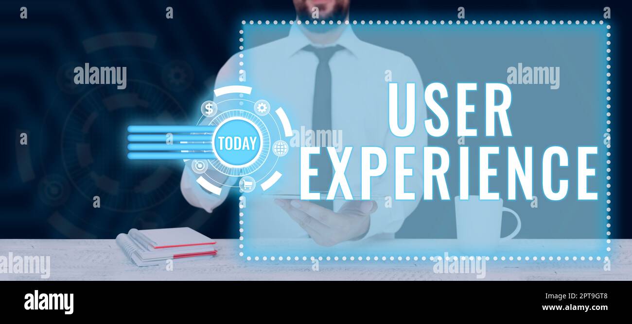 Conceptual caption User Experience, Business idea how a person reacts ...