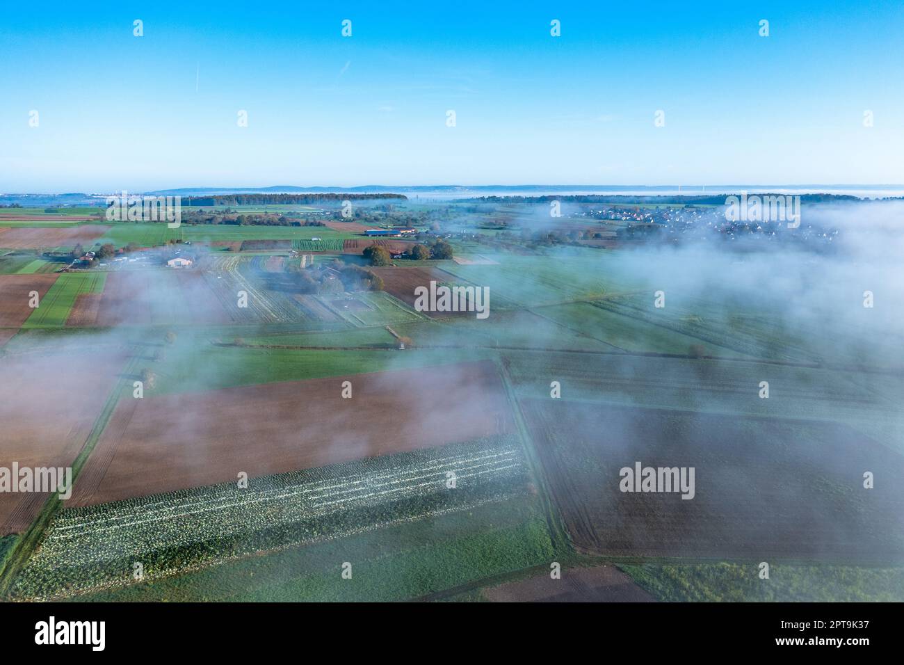 aerial view of foggy fields in the morning Stock Photo - Alamy