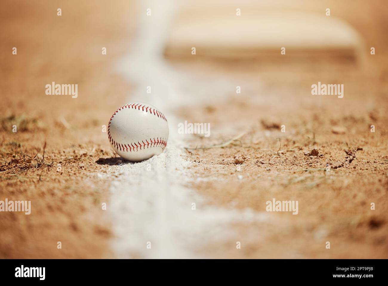 Baseball, chalk line and ball on field before sports game, training and ...