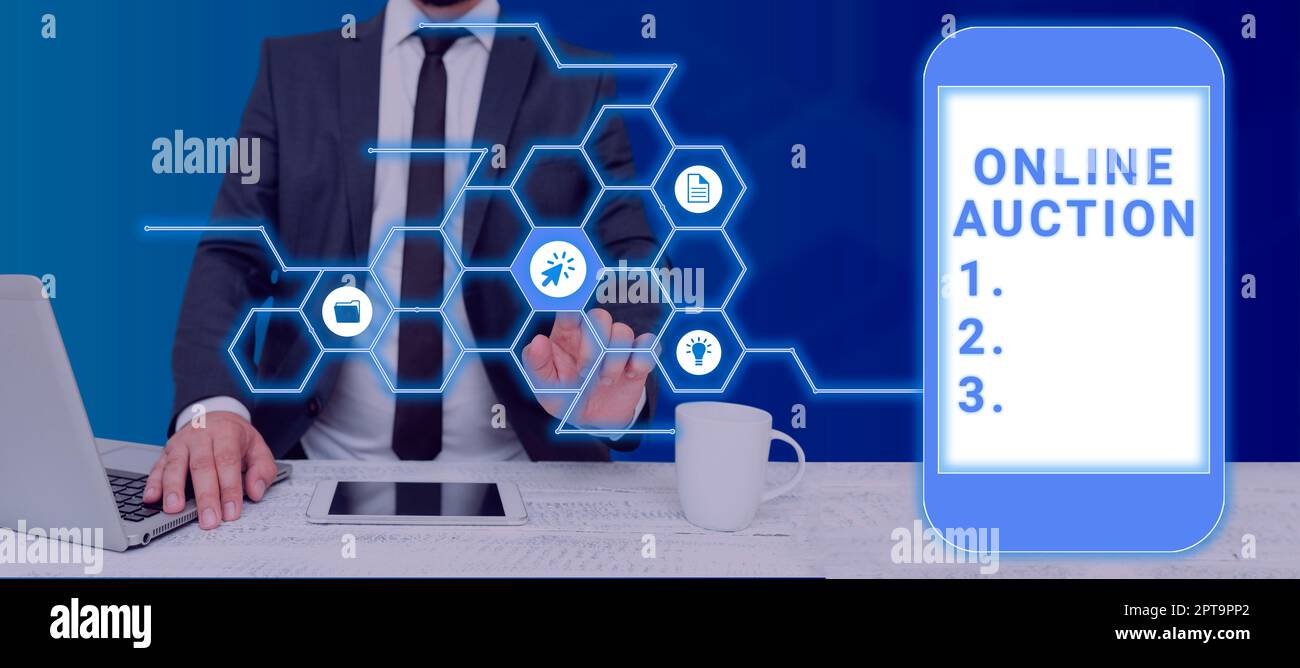 Text sign showing Online Auction, Internet Concept digitized sale event ... Text sign showing Online Auction, Internet Concept digitized sale event ...