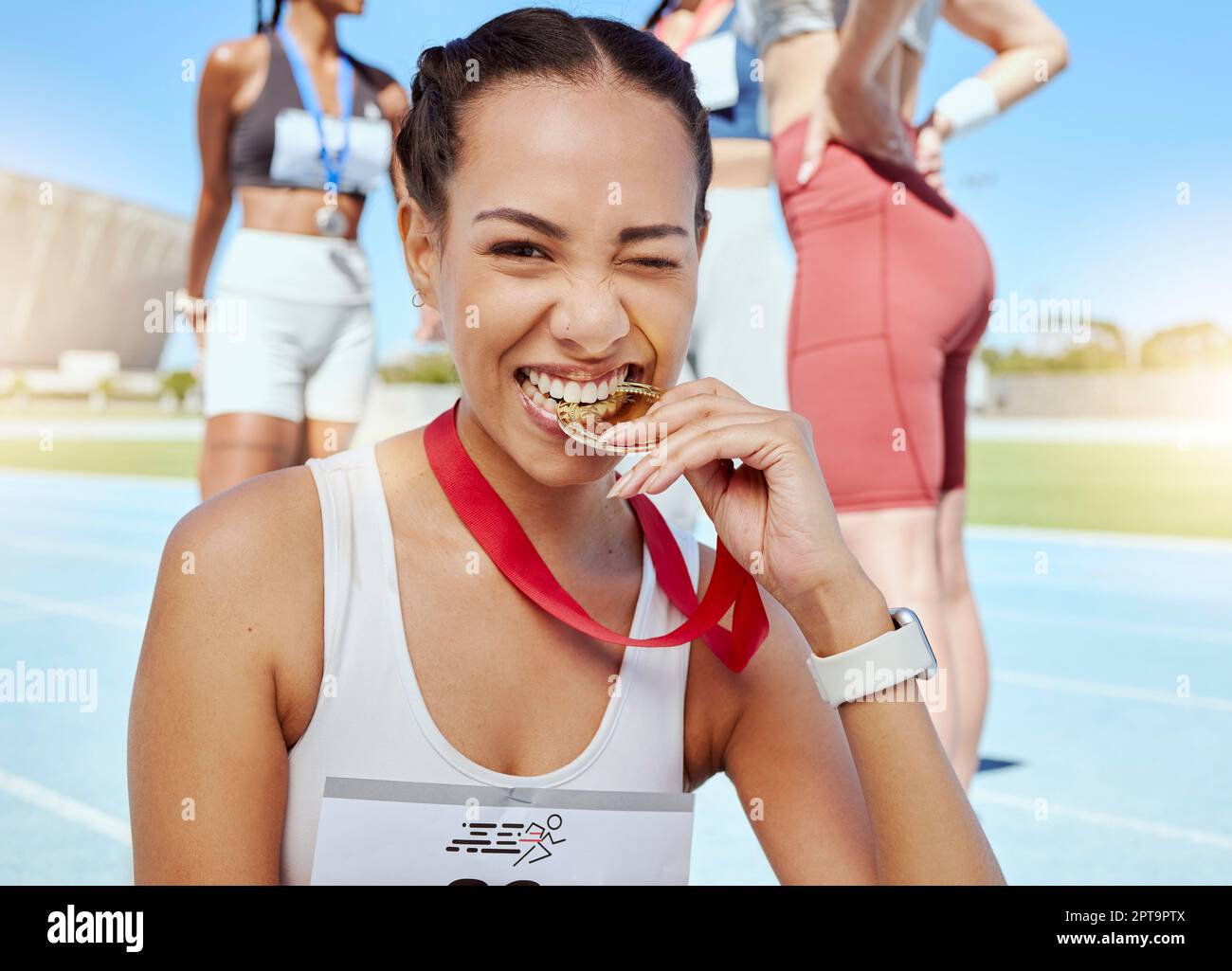 Medal, winner and athlete woman at stadium outdoor with lens flare for ...