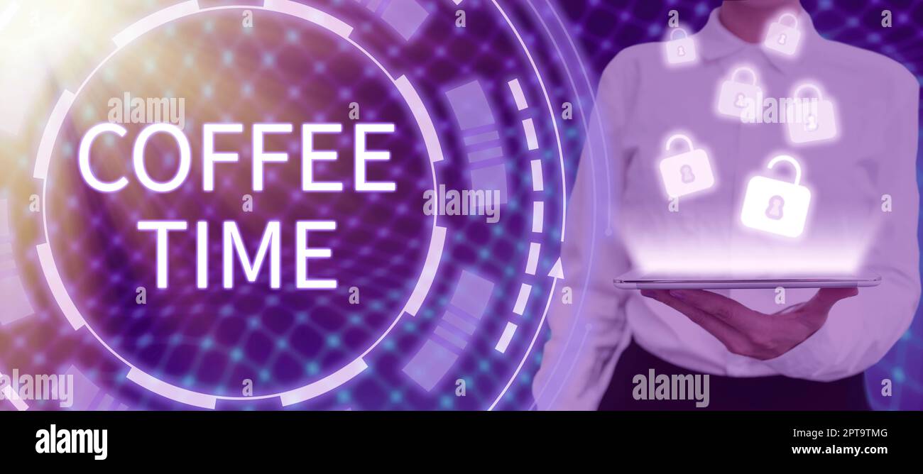 Hand writing sign Coffee Time, Word Written on a chosen period when a ...