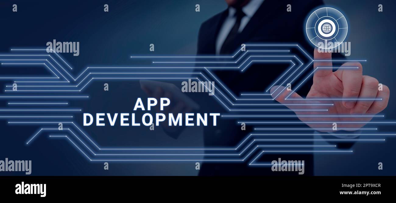 Text caption presenting App Development, Word for producing computer ...