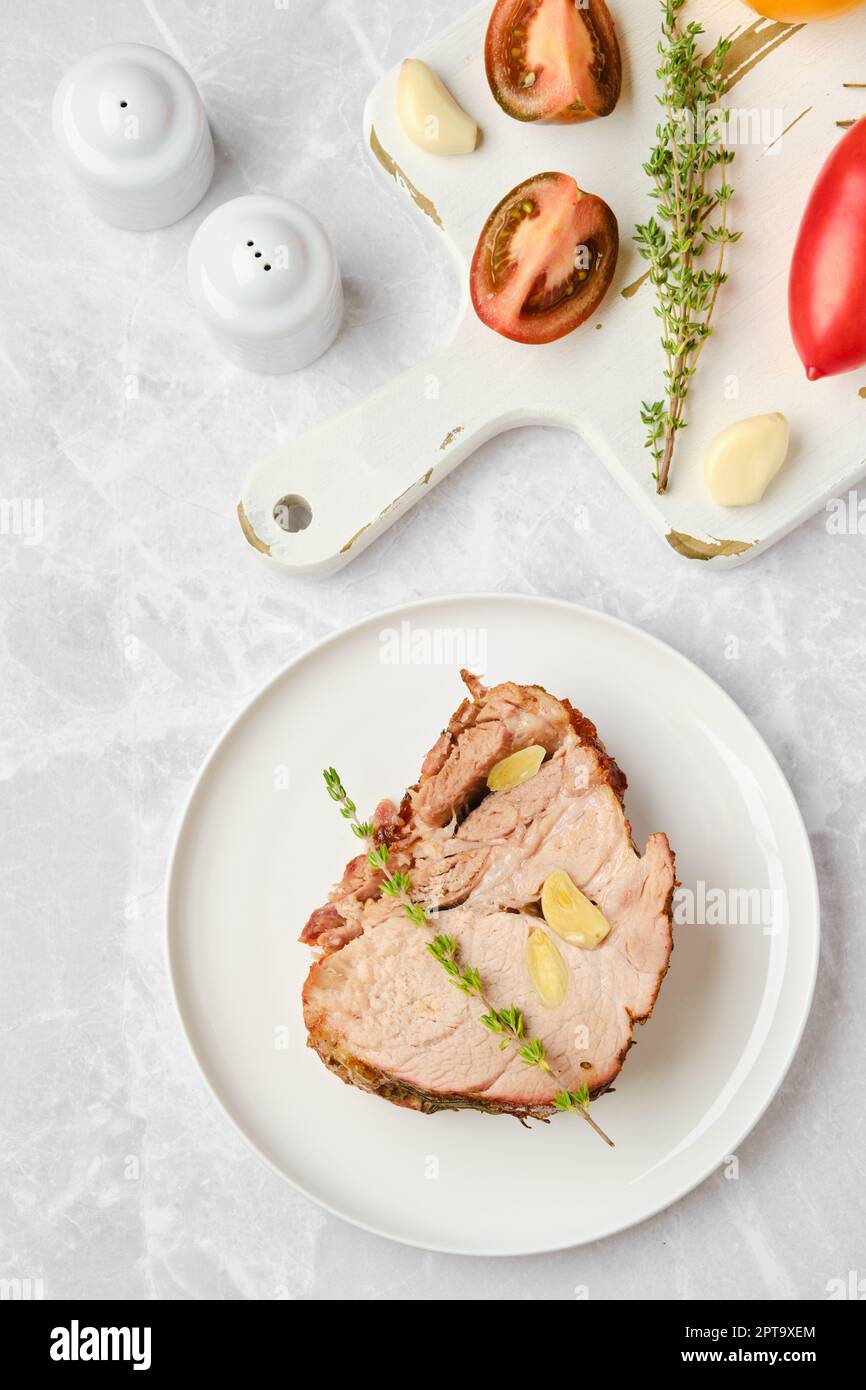 Top view of piece of roasted pork neck Stock Photo - Alamy