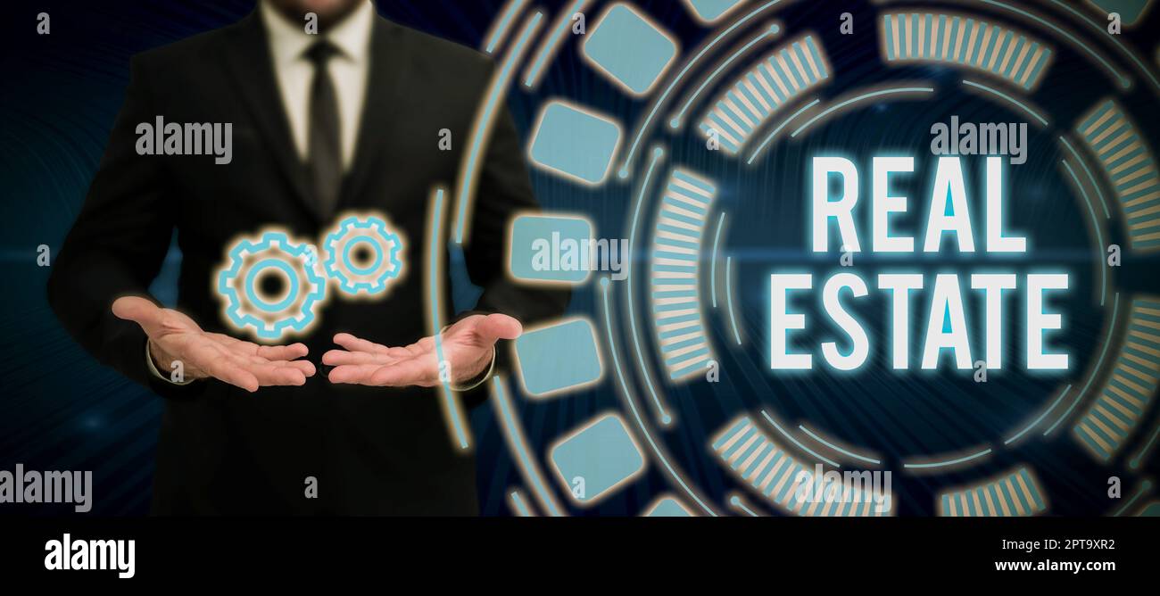 Hand writing sign Real Estate, Word Written on total property ...