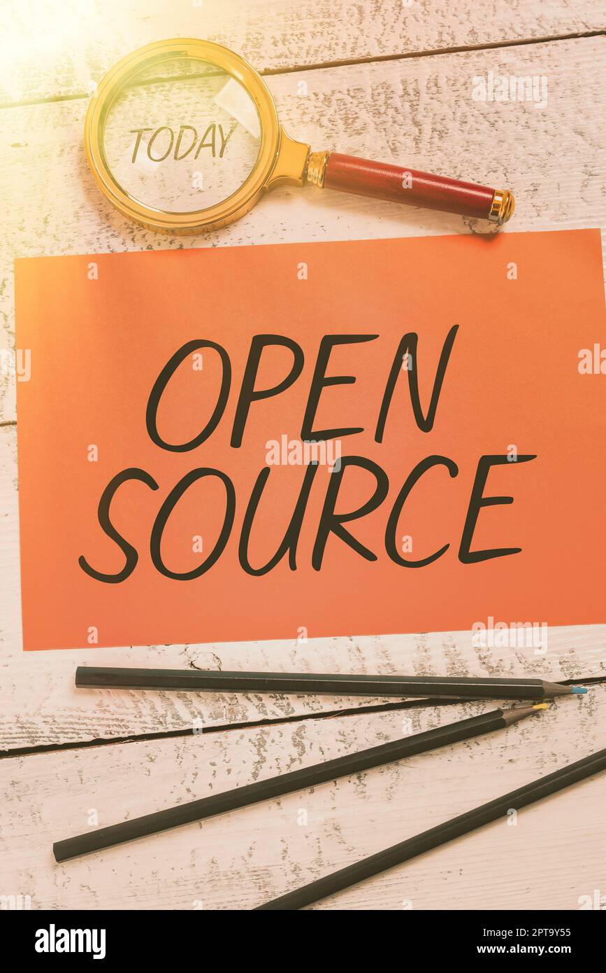 Hand writing sign Open Source, Business overview contains the source code that can be modified ...