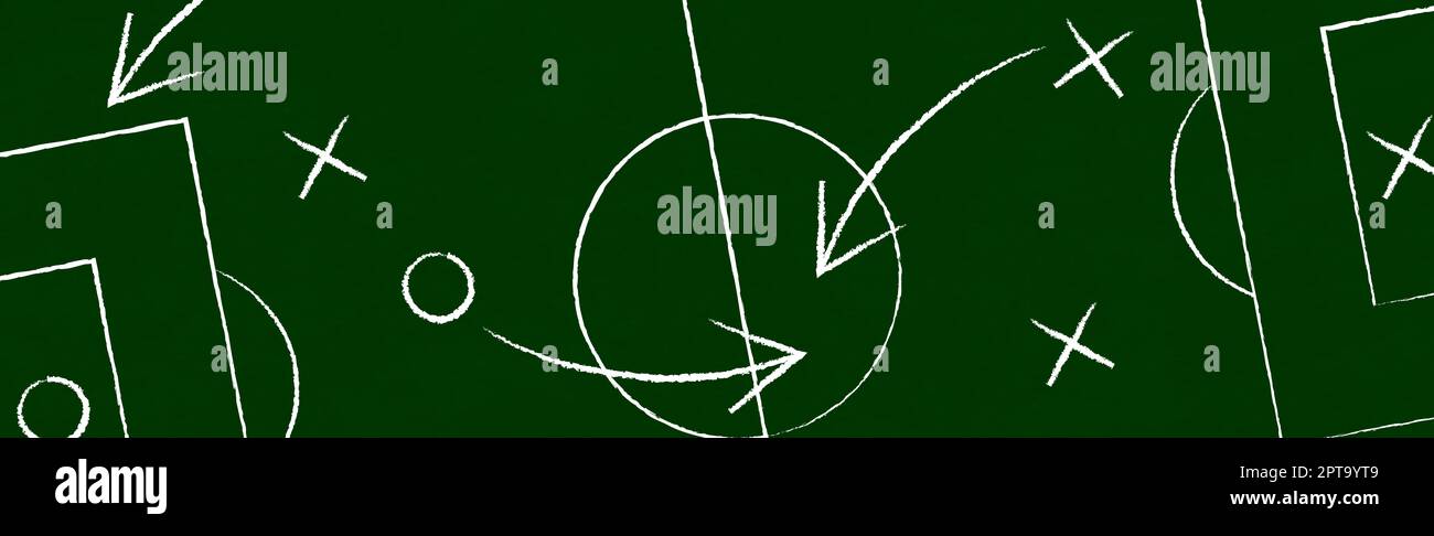 Football and football tactics drawn with white chalk on a panoramic ...