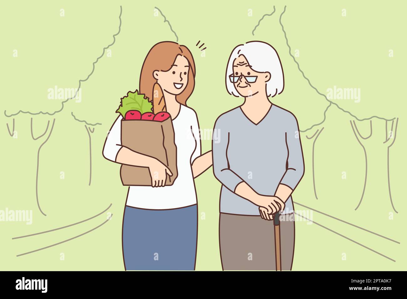 Happy young woman with grocery bag help elderly grandmother. Smiling ...