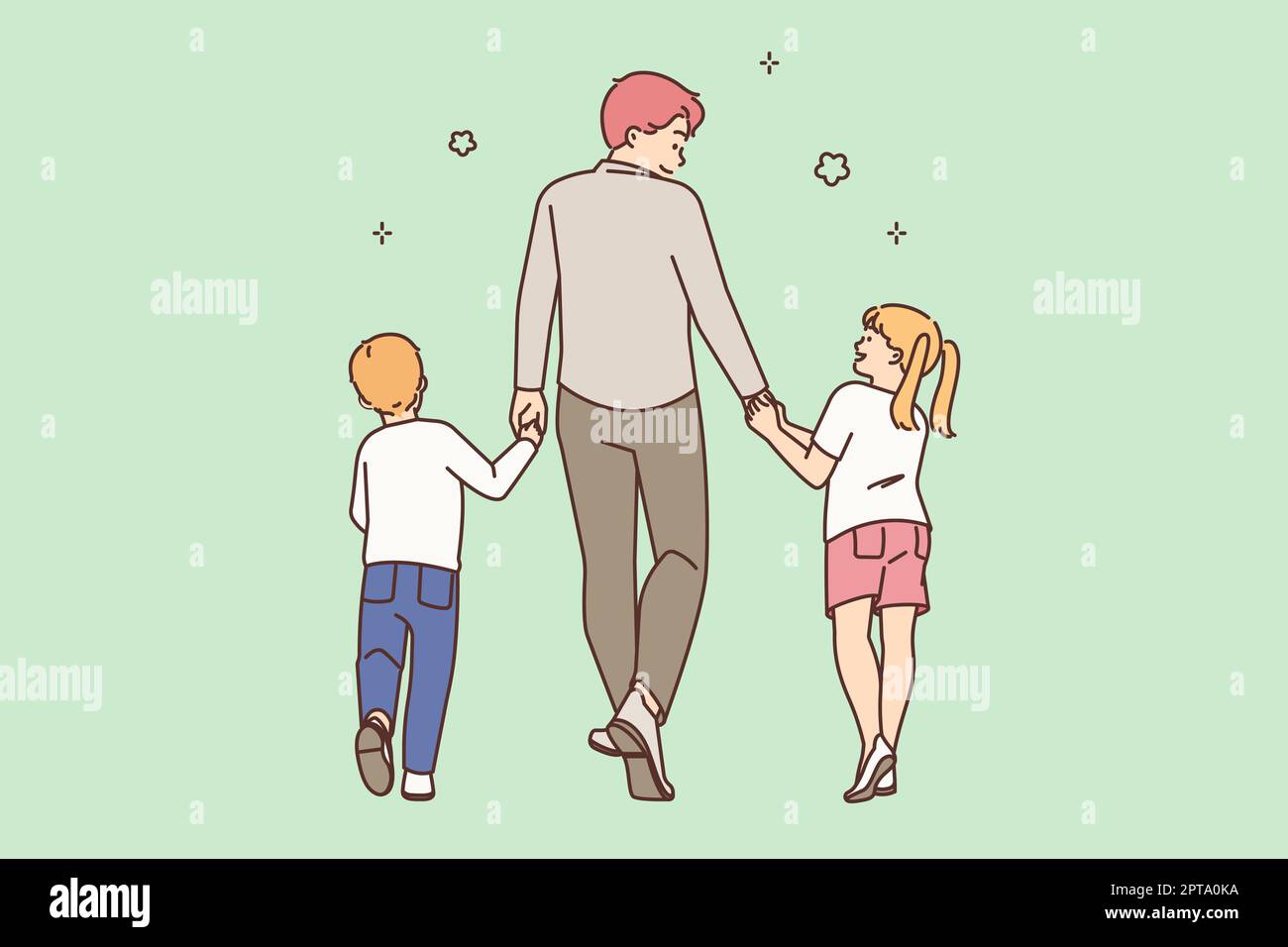 Loving father walking outdoors with kids. Caring young dad and little ...