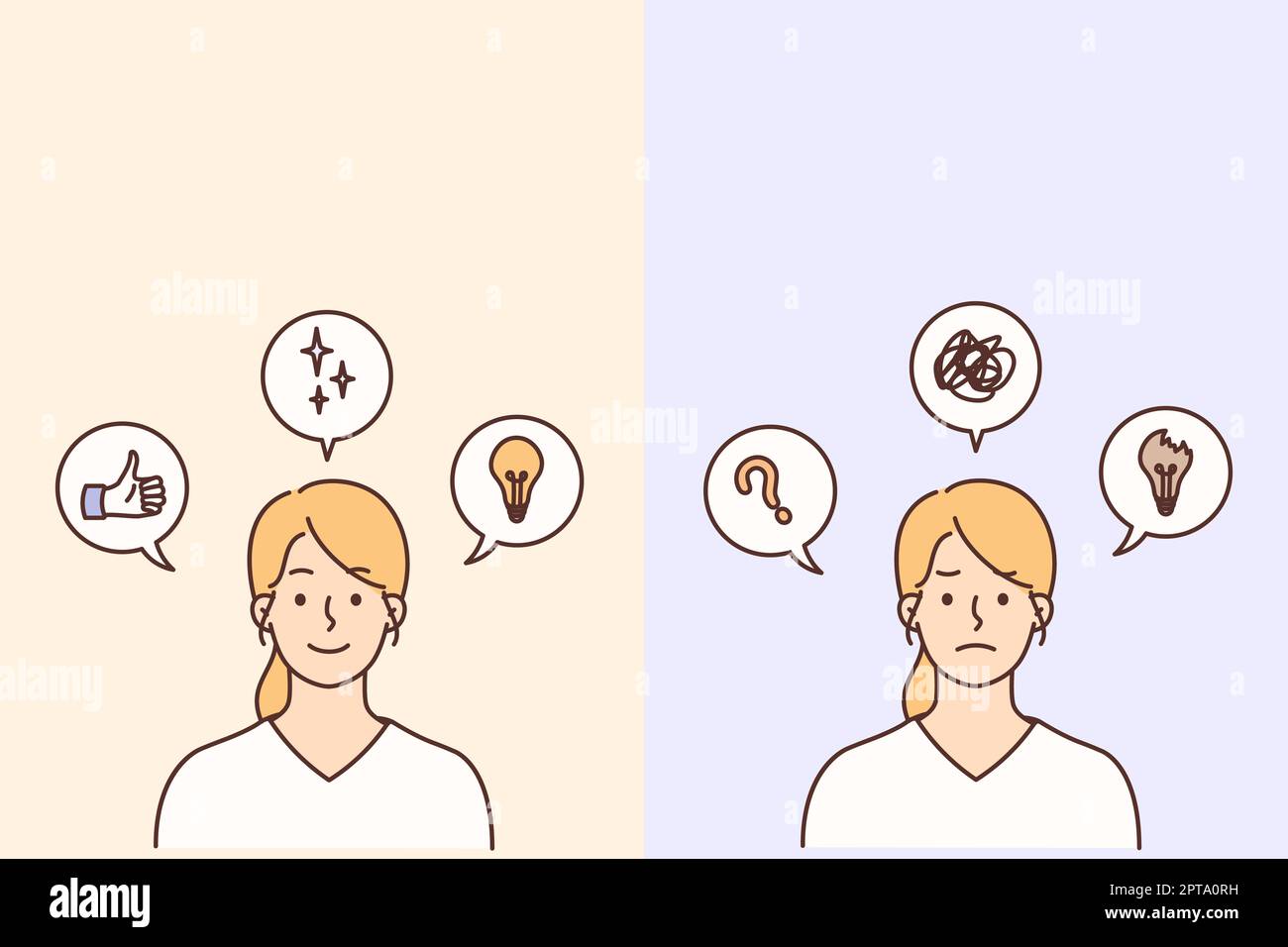 Happy woman generating ideas and unhappy one lost in thoughts and ...