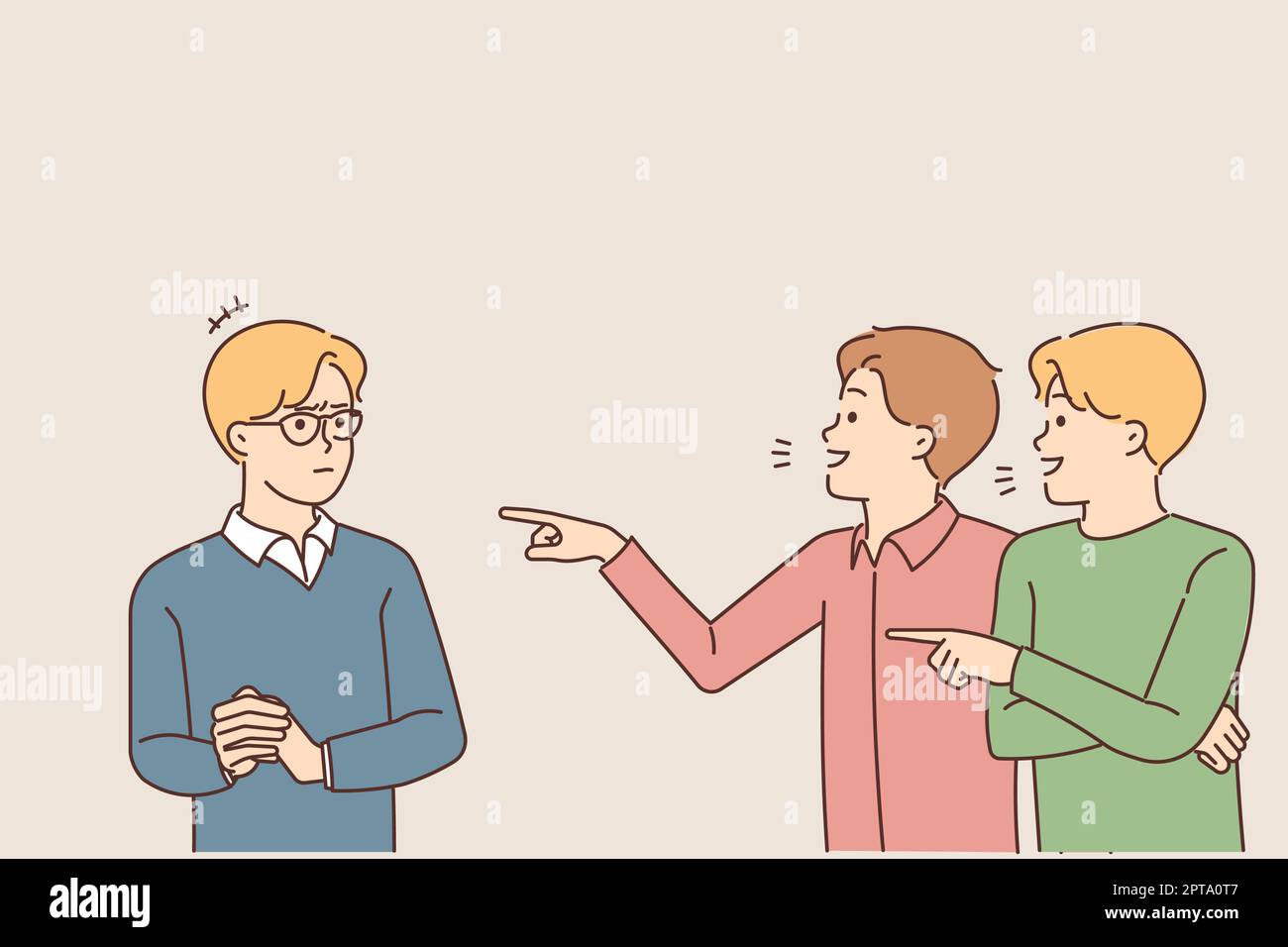 Smiling guys point at mate in glasses mocking or bullying him. Mad ...
