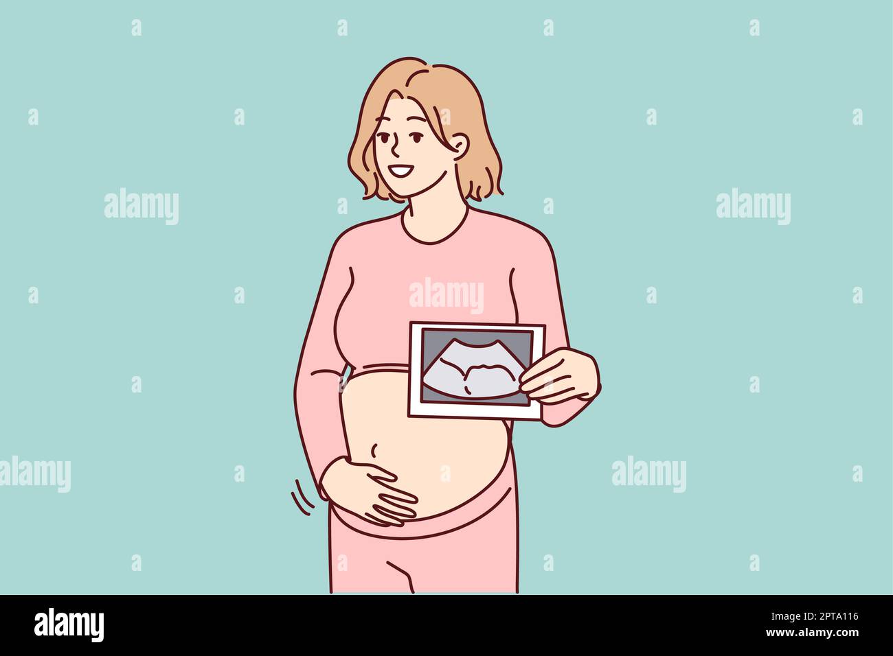 Smiling pregnant woman touch belly show scan of embryo. Happy future ...