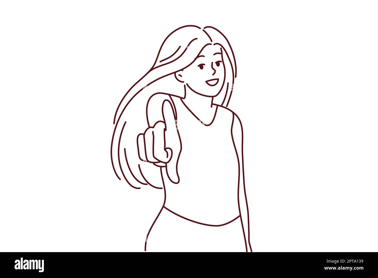 Smiling woman look at camera making hand gesture. Happy female point at ...