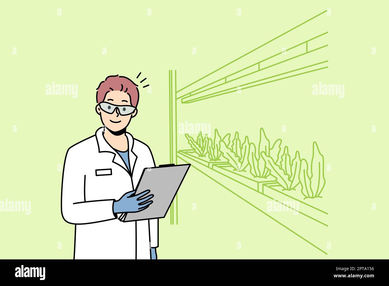 Smiling male scientist in uniform growing plants in laboratory. Happy ...