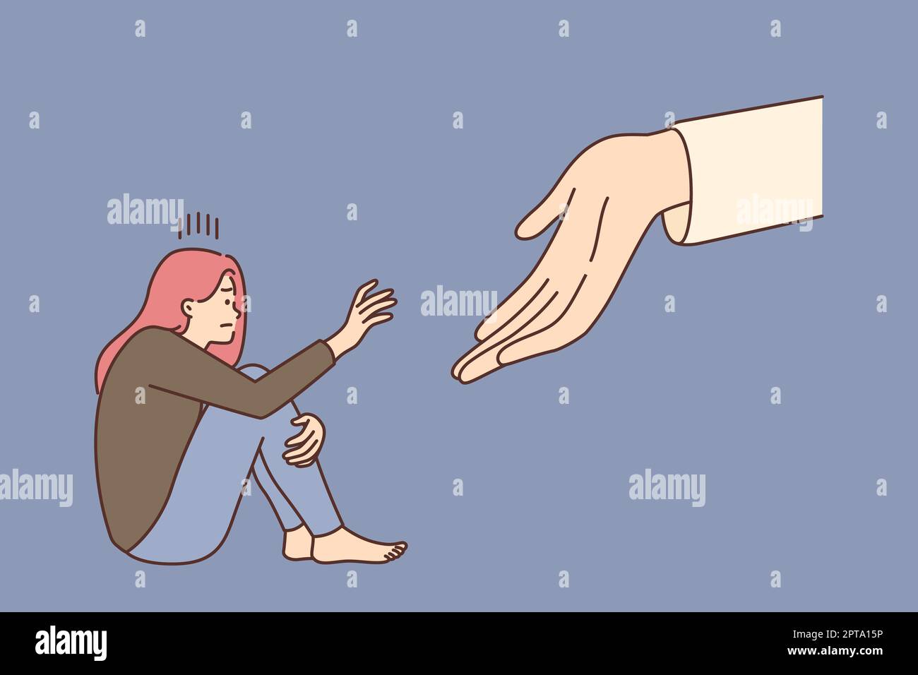 Hand stretch to unhappy young stressed woman suffer from depression or ...