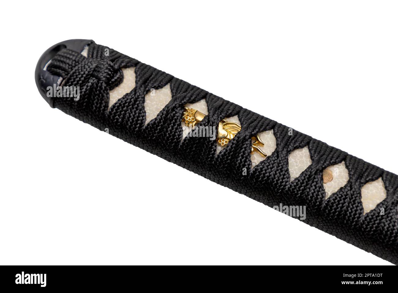 Tsuka - handle of Japanese sword wrapped by black silk cord on white ...