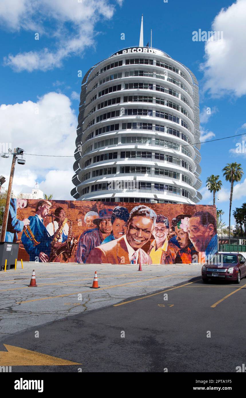 The Capitol Records building with a mural of Jazz greats including Nat ...