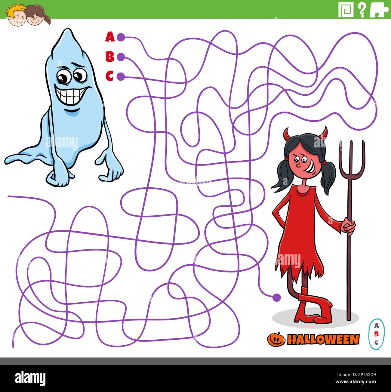 maze with cartoon gohst and devil girl on Halloween time Stock Vector ...
